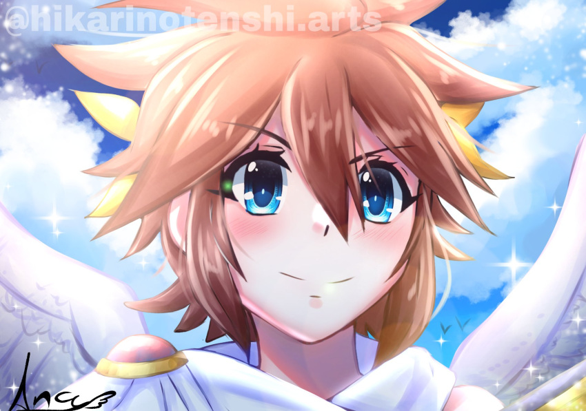 Safebooru - 1boy blue eyes brown hair closed mouth clouds cloudy sky english text highres ...