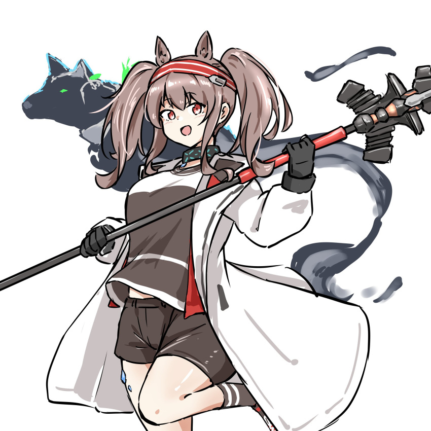 Safebooru - 1girl :d angelina (arknights) animal ears arknights black gloves brown hair brown ...