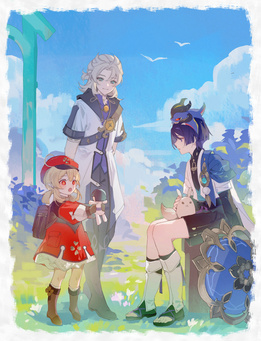 Safebooru - 1girl 2boys albedo (genshin impact) aqua eyes backpack bag blonde hair bloomers ...