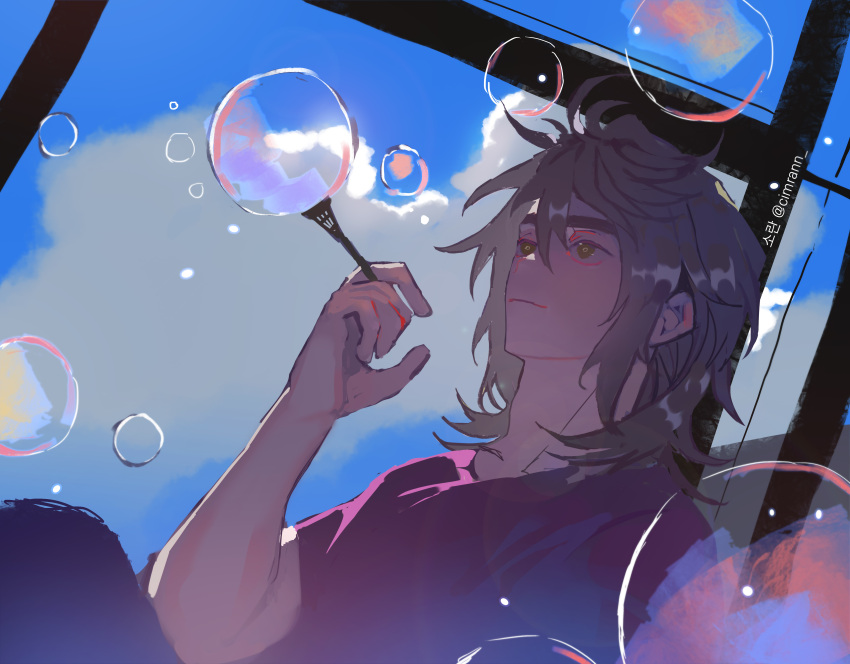 Safebooru - 1boy absurdres black pants blue sky brown hair bubble bubble wand closed mouth ...