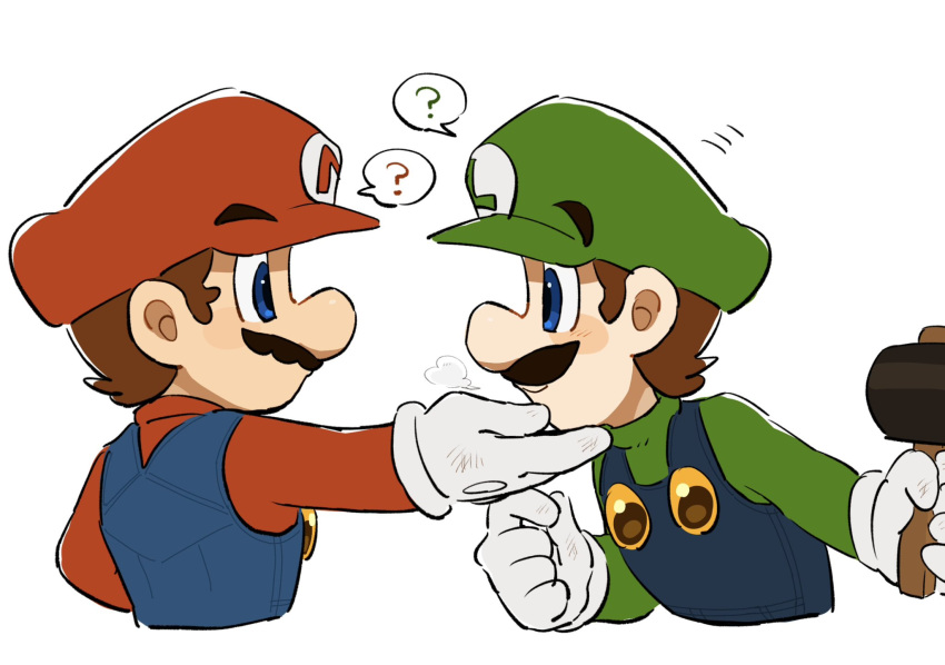 Safebooru - 2boys ? blue eyes blue overalls brown hair facial hair gloves green shirt hammer hat ...