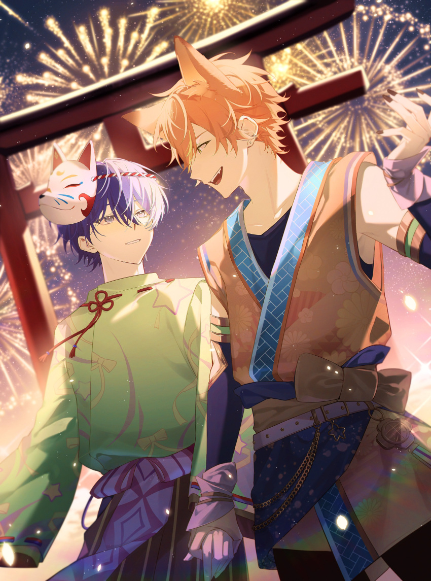 Safebooru - 2boys absurdres animal ears aoyagi touya arm up belt black nails blue eyes blue hair ...