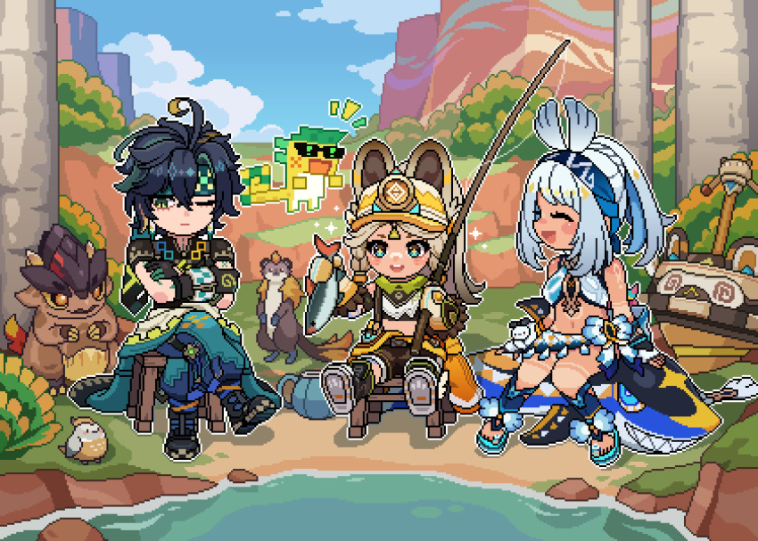 Safebooru - + + 1boy 2girls :d ;| absurdres ahoge ajaw (genshin impact) animal animal ears aqua ...