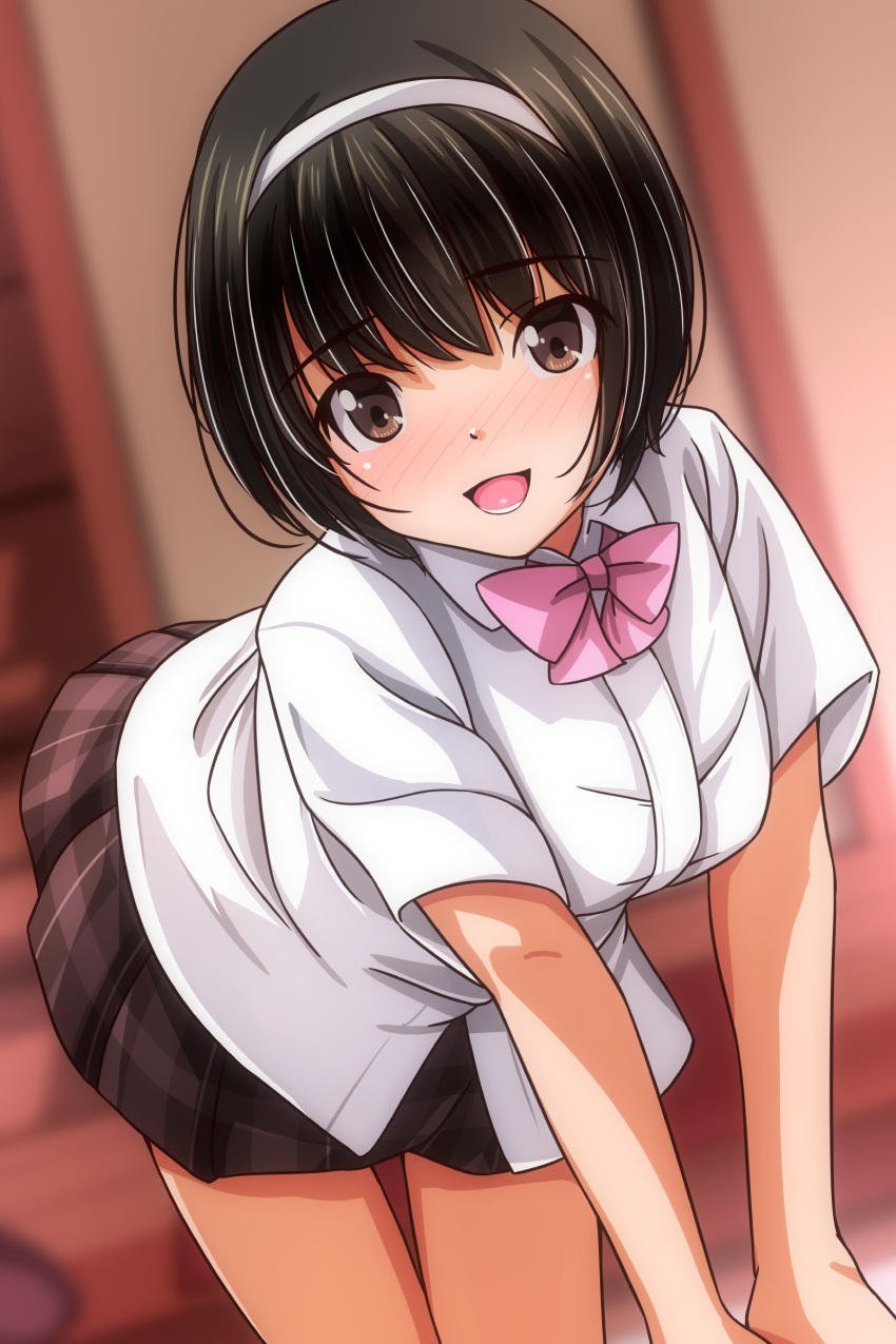 Safebooru - 1girl :3 :d absurdres arm support bent over black hair blurry blurry background ...