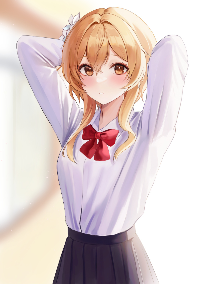 Safebooru - 1girl absurdres arms behind head arms up black skirt blonde hair blurry blurry ...