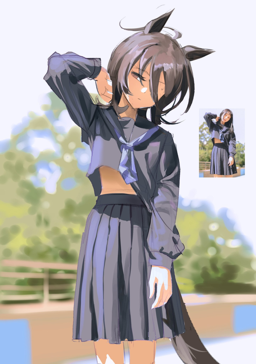 Safebooru - 1girl agnes tachyon (umamusume) ahoge animal ears arm up black sailor collar black ...