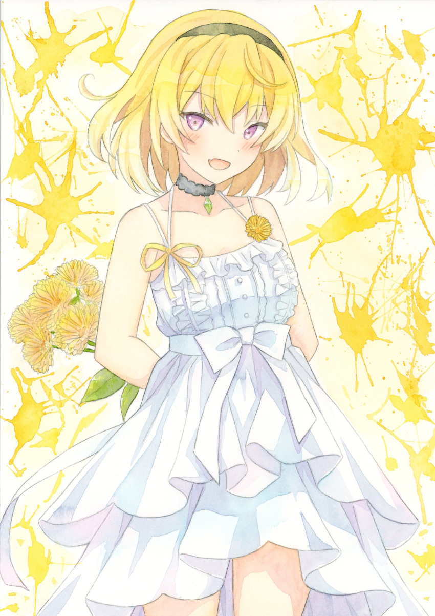 Safebooru - 1girl :d arms behind back black hairband blonde hair blush ...