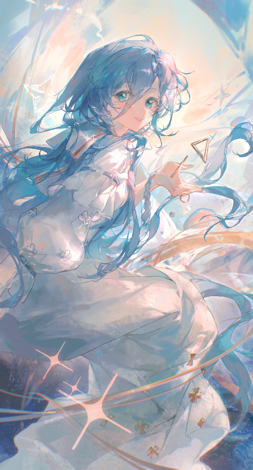 Safebooru - 1girl 37 (reverse:1999) absurdres blue eyes blue hair bow dress feet out of frame ...