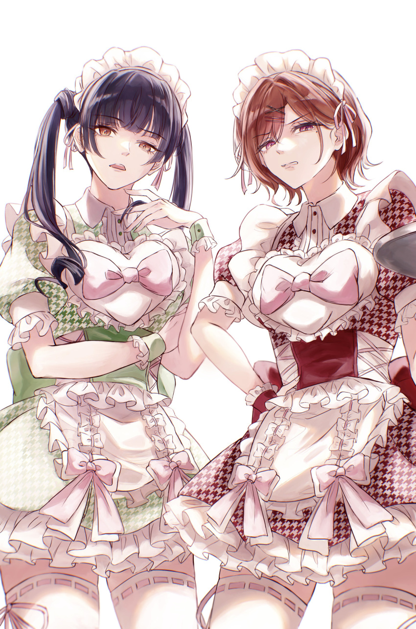 Safebooru - 2girls absurdres black hair bow brown eyes brown hair corset dress green dress hair ...