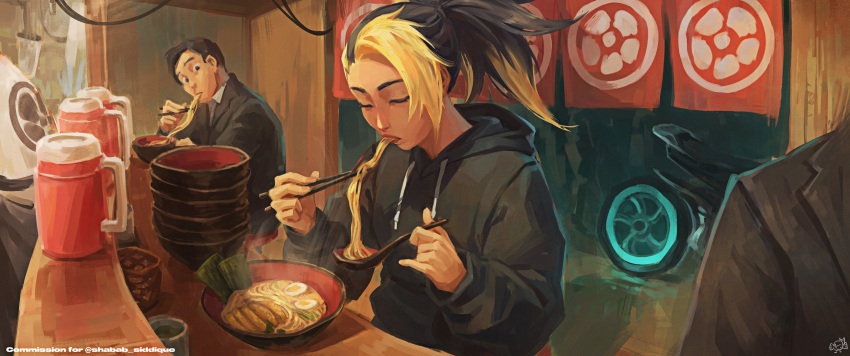 Safebooru - 1boy 1girl absurdres akali black hair black hoodie blonde ...