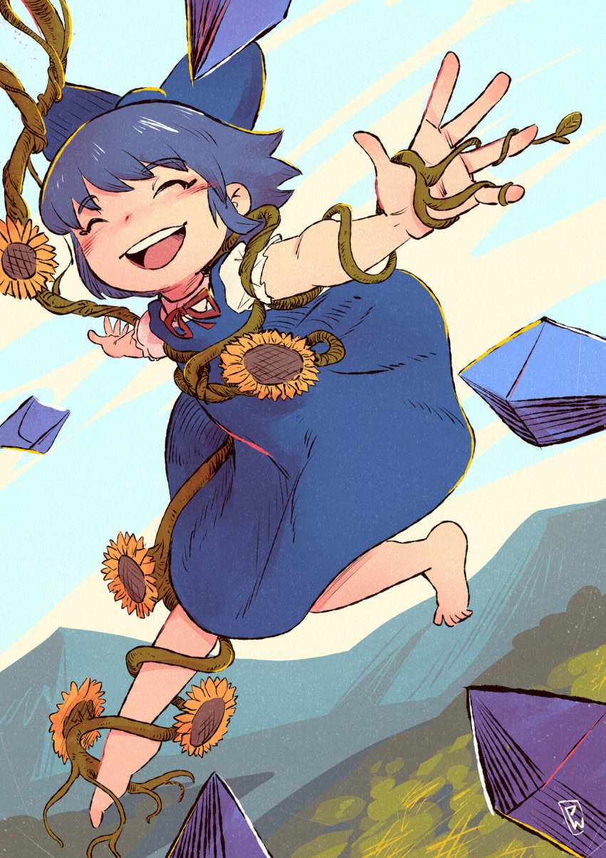 Safebooru - 1girl blue bow blue dress blue hair blush bow cirno closed eyes dress fairy flower ...