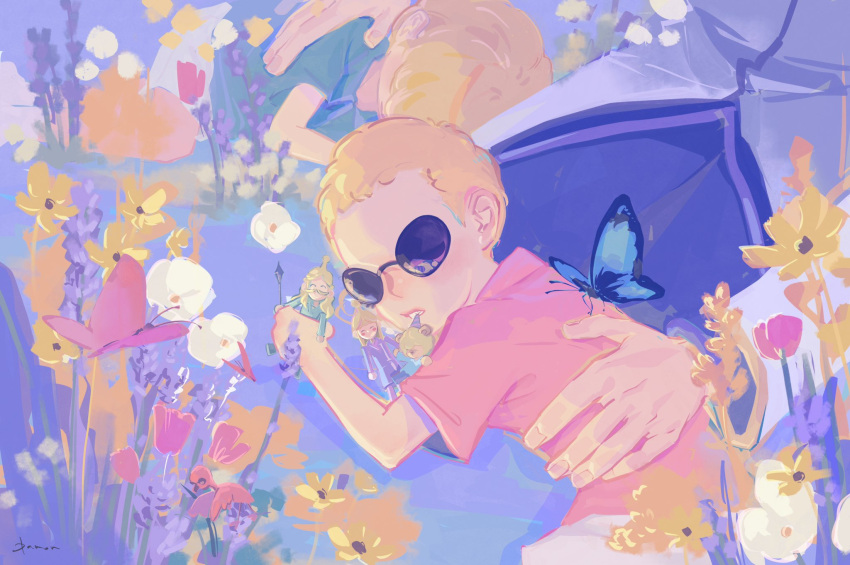 Safebooru - 1girl 2boys aged down blonde hair blue butterfly blue skirt brothers bug butterfly ...