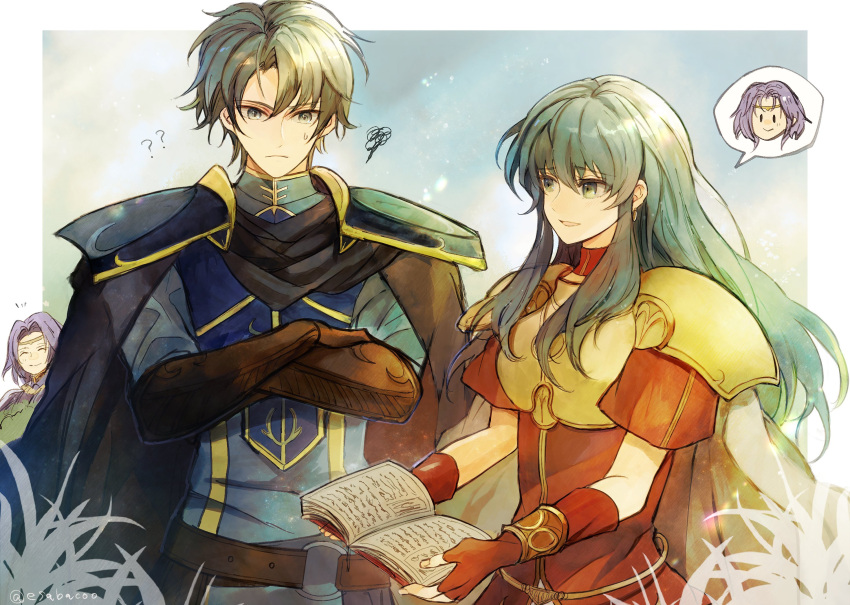 Safebooru - 1girl 2boys ? ?? armor blue hair book border brother and ...
