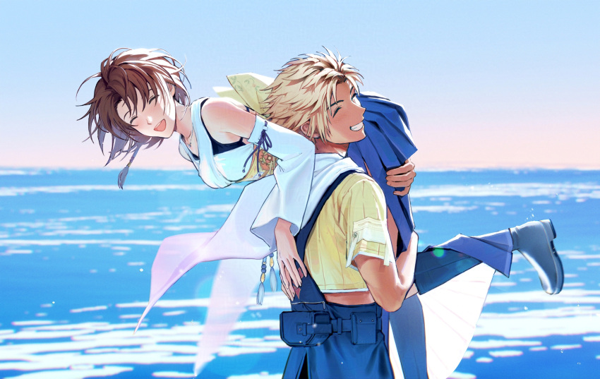 Safebooru - 1boy 1girl black boots blonde hair blue skirt boots brown hair carrying carrying ...
