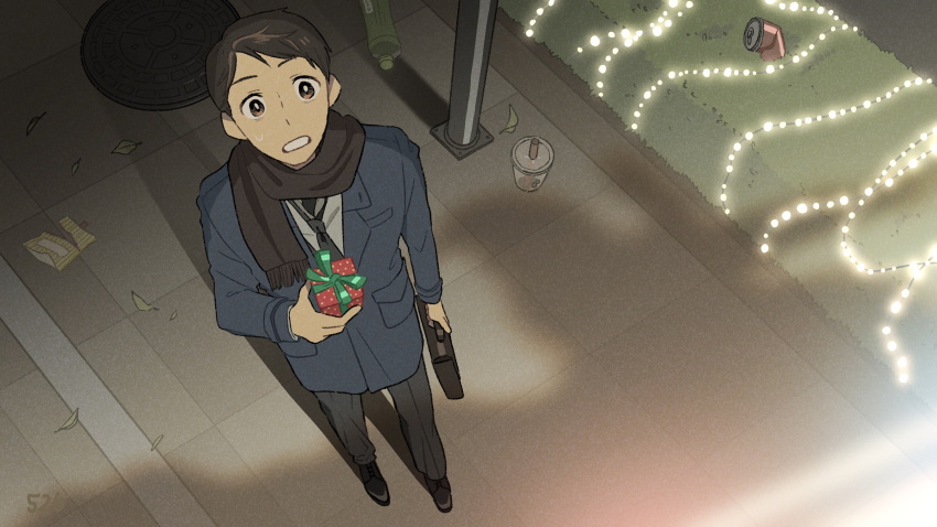 Safebooru - 1boy black hair black necktie black pants black scarf blue coat briefcase can ...