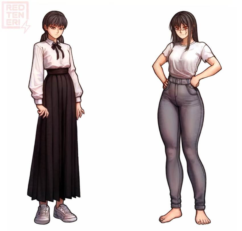 Safebooru - 2girls artist logo barefoot black hair black shirt blue pants brown eyes chainsaw ...
