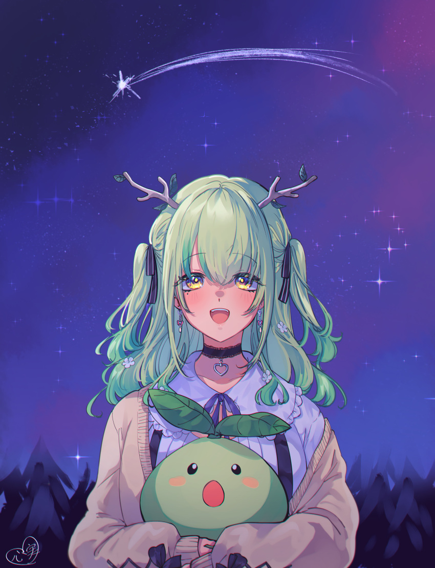 Safebooru - 1girl :d absurdres animal ears antlers black choker brown sweater cardigan ceres ...