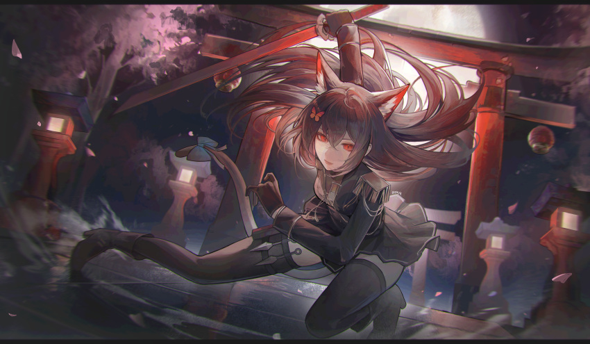 Safebooru - 0ishur 1girl absurdres animal ears black hair black skirt black thighhighs breasts ...