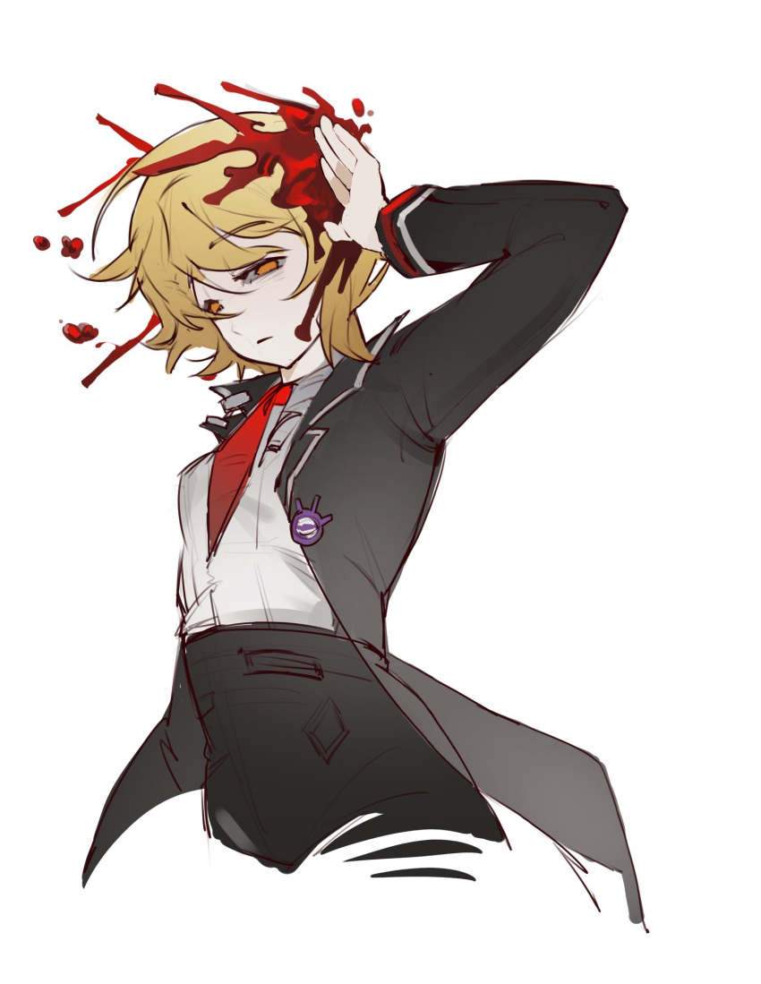 Safebooru - 1girl badge black coat black pants blonde hair blood blood splatter coat collared ...
