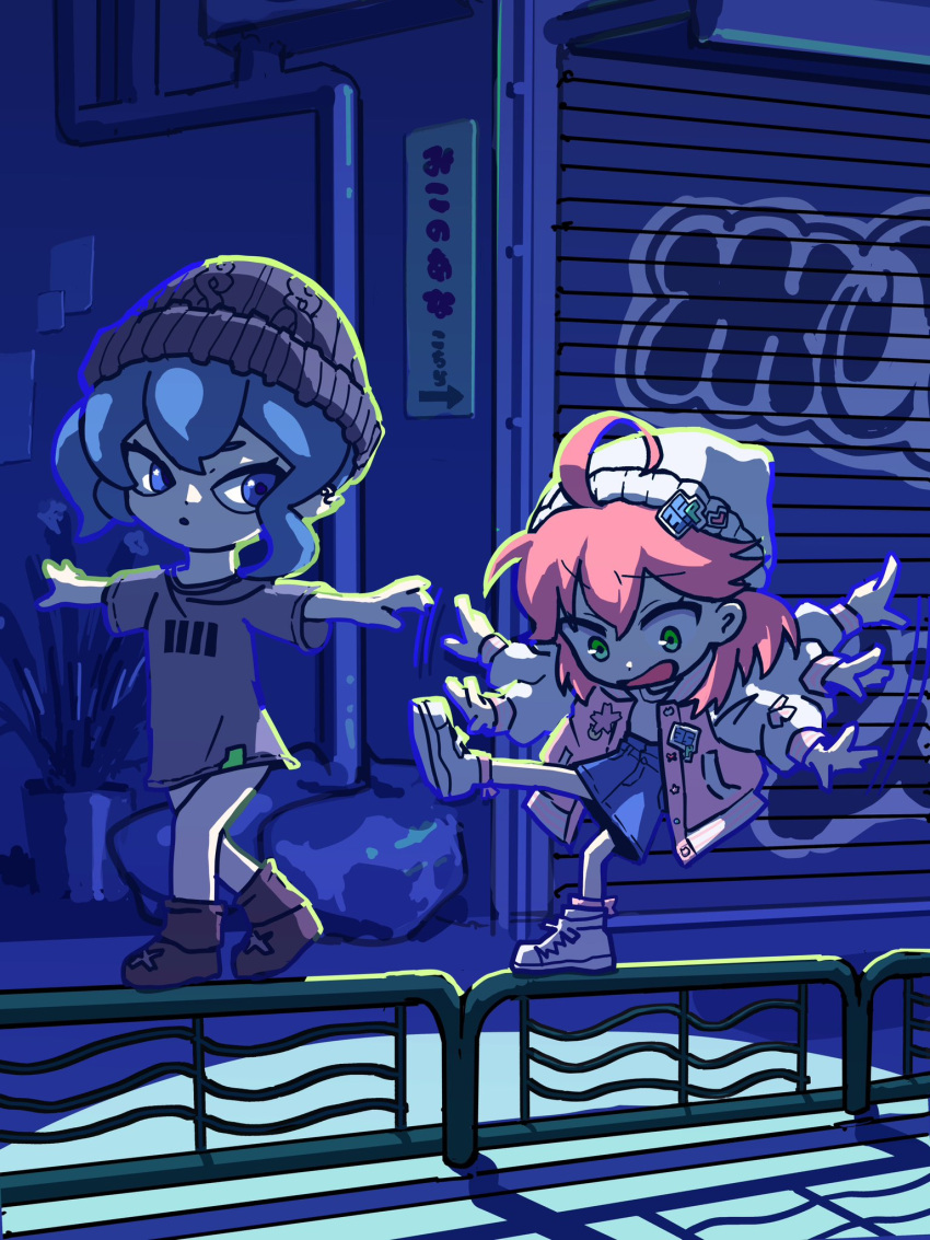 Safebooru - 2girls ahoge alternate costume balancing beanie blue eyes blue hair blue skirt chibi ...