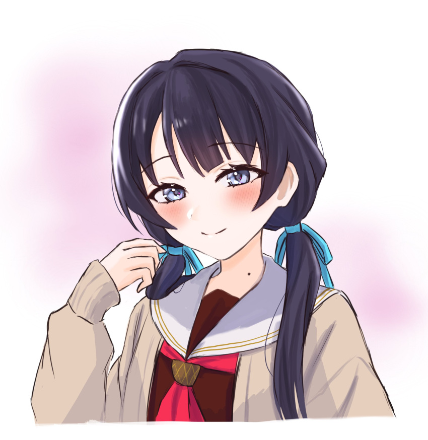 Safebooru - 1girl blue eyes blue hair blue ribbon blush brown cardigan brown dress cardigan ...