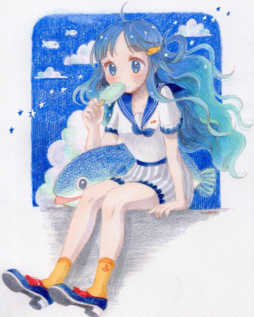 Safebooru - 1girl asari nanami blue eyes blue hair blue sailor collar blue sky blush clouds ...