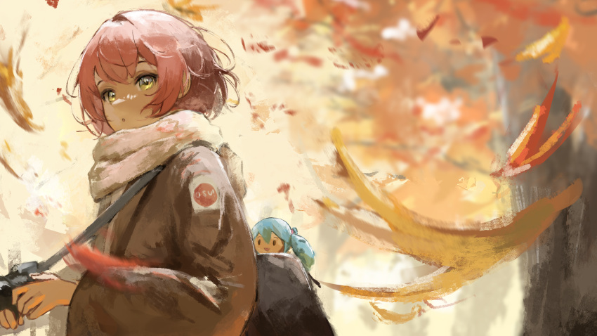 Safebooru - 1girl :o autumn autumn leaves black bag black hair blue ...