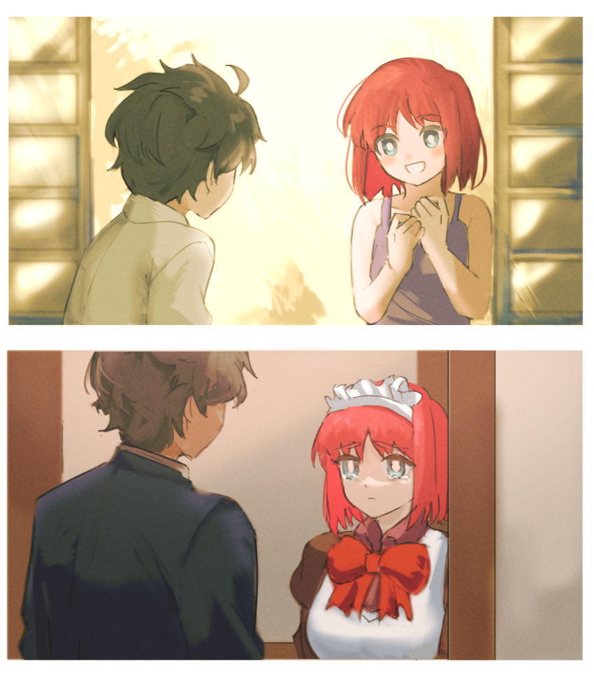 Safebooru - 1boy 1girl absurdres age progression apron bare shoulders black hair blue eyes bow ...