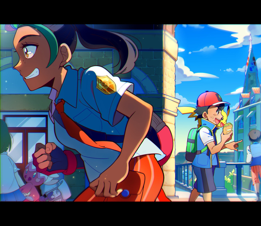 Safebooru - 2boys 2girls :d ash ketchum backpack bag black hair blue ...