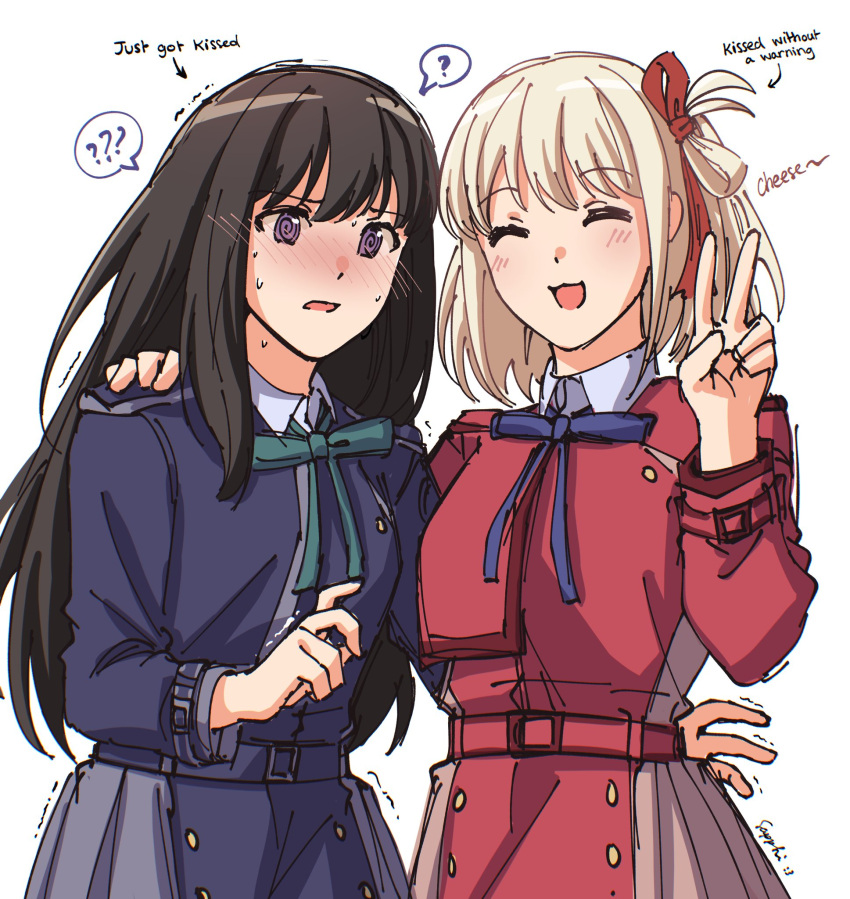 Safebooru - !? 2girls :d ? @ @ after kiss belt black hair blonde hair blue belt blue dress blue ...