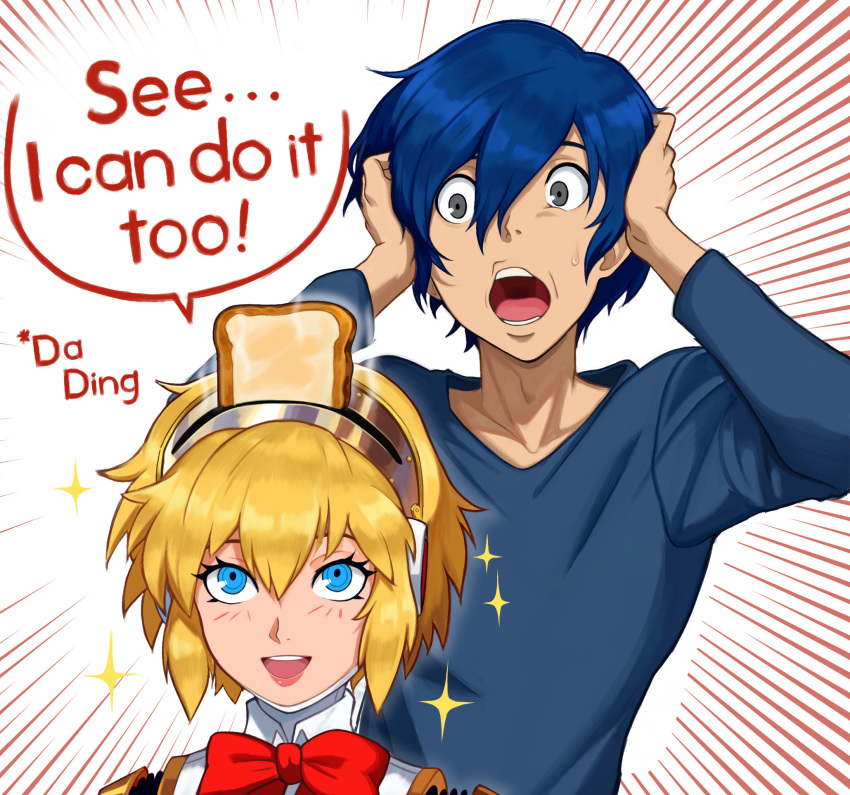 Safebooru - 1boy 1girl aegis (persona) android blonde hair blue eyes blue hair blush bow bowtie ...