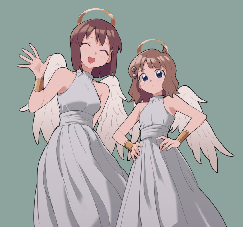 Safebooru - 2girls ^ ^ ahoge arm behind back bare shoulders blue eyes blush bob cut bracelet ...