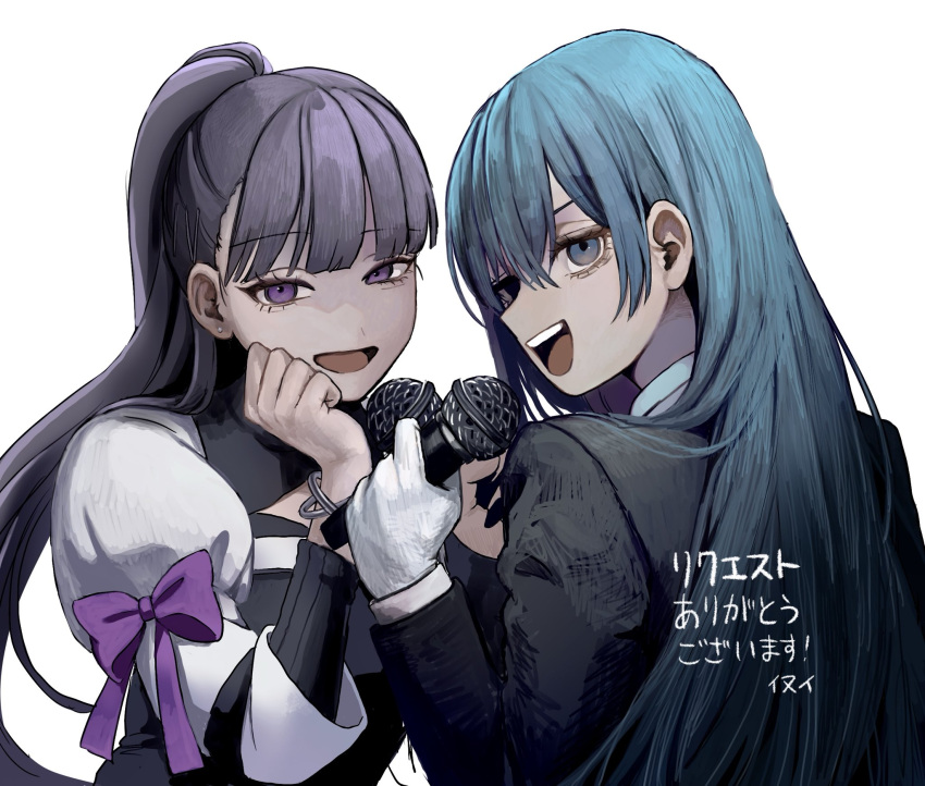 Safebooru - 2girls ado (utaite) black coat black hair black shirt blue hair bow bracelet chando ...