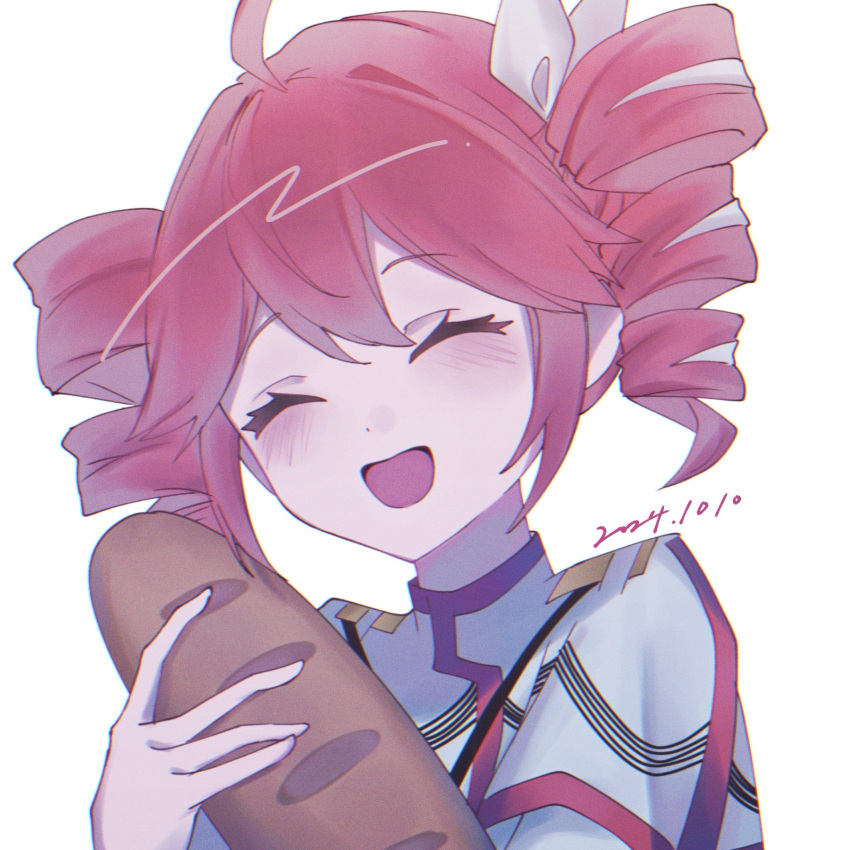 Safebooru - 1girl ahoge baguette belt black belt blush bow bread closed eyes dated double-parted ...