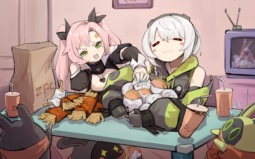 Safebooru - 1boy 2girls :3 absurdres anby demara bag billy kid blue nails burger dodo ...