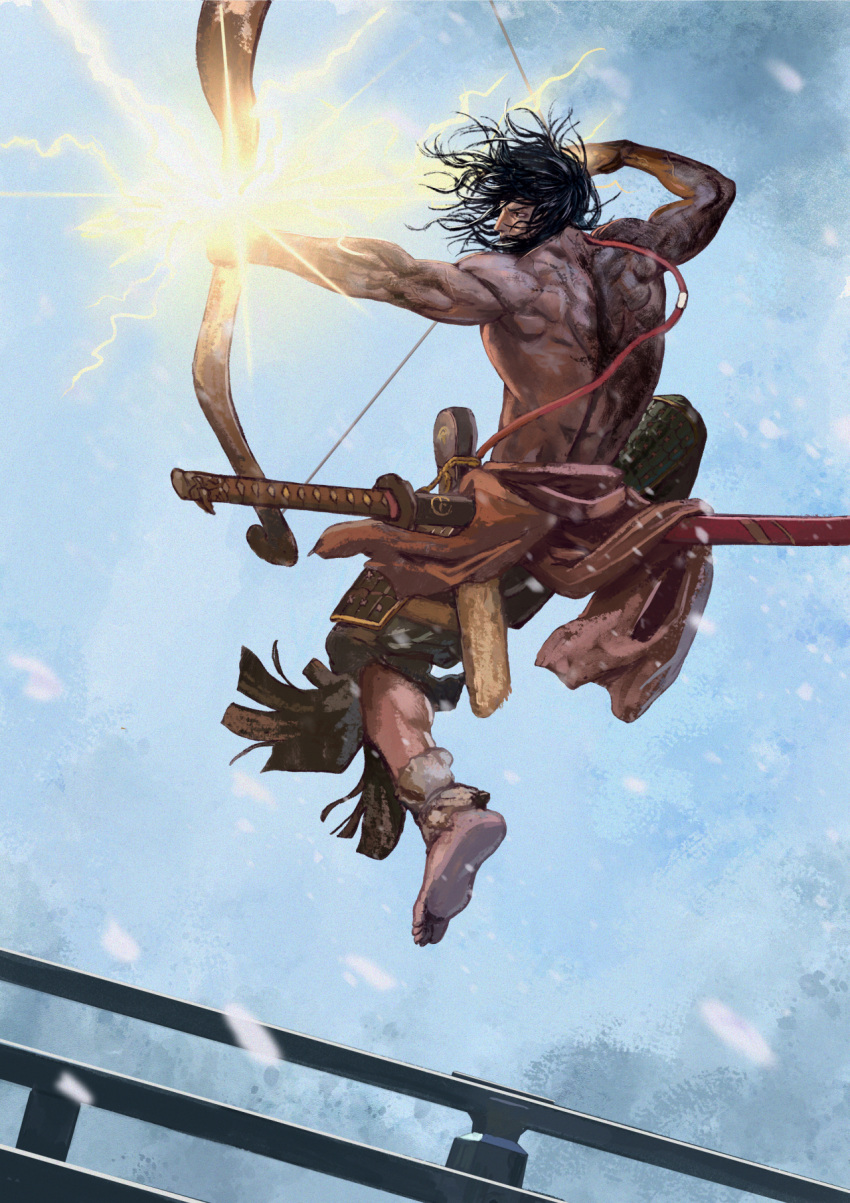 Safebooru - 1boy ashina genichirou barefoot black hair bow (weapon ...