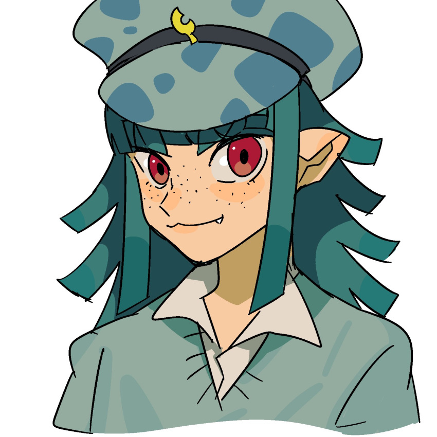 Safebooru - 1girl blunt bangs cropped torso fang freckles green hair ...