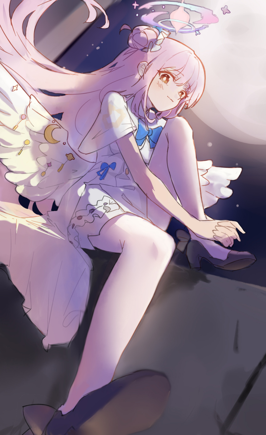 Safebooru - 1girl absurdres black eyes black footwear blue archive blue ribbon dress feathered ...