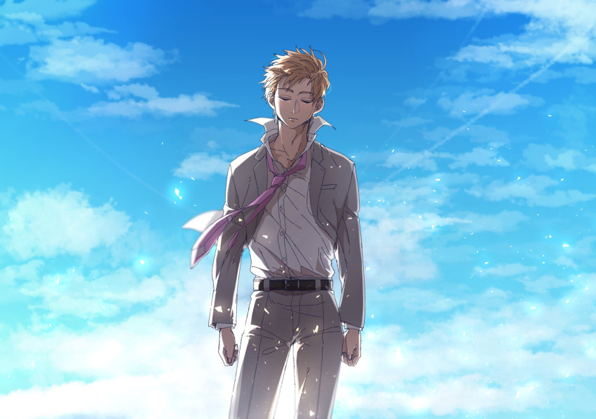 Safebooru - 1boy belt blonde hair closed eyes clouds collared shirt ...