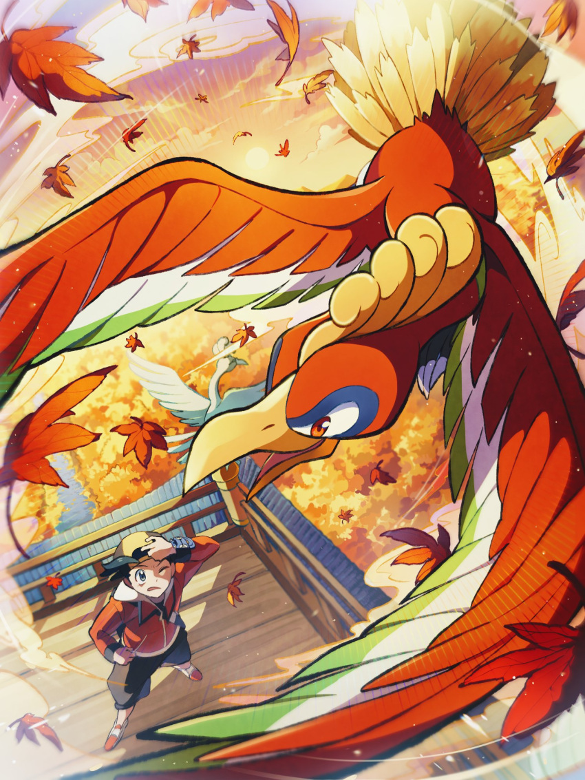 Safebooru - 1boy bird black hair black pants day ethan (pokemon) falling leaves hat highres ho ...