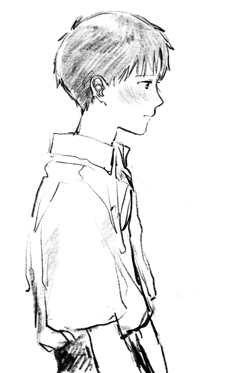 Safebooru - 1boy expressionless from side greyscale highres ikari ...