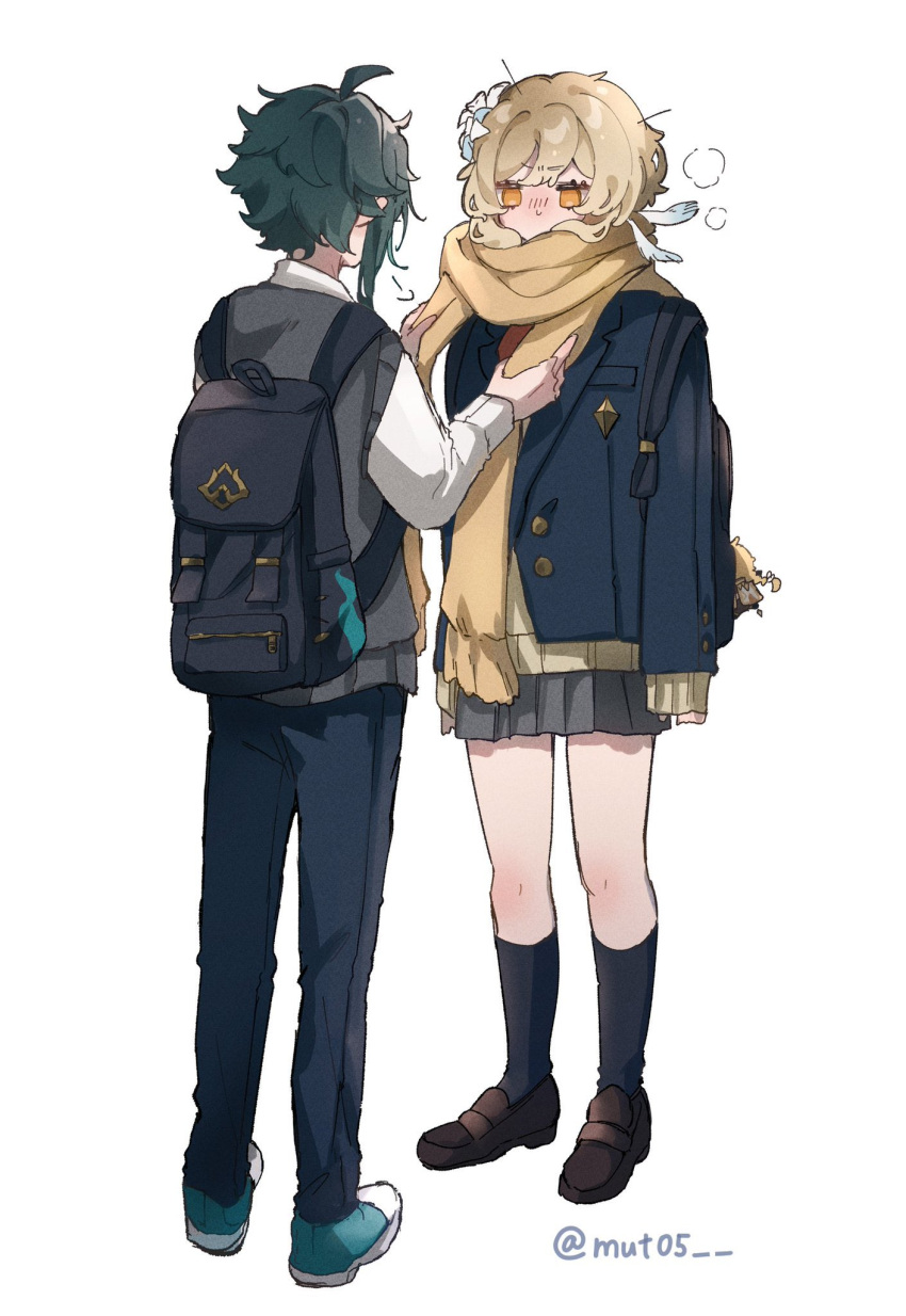 Safebooru - 1boy 1girl adjusting another's clothes alternate costume backpack bag black hair ...
