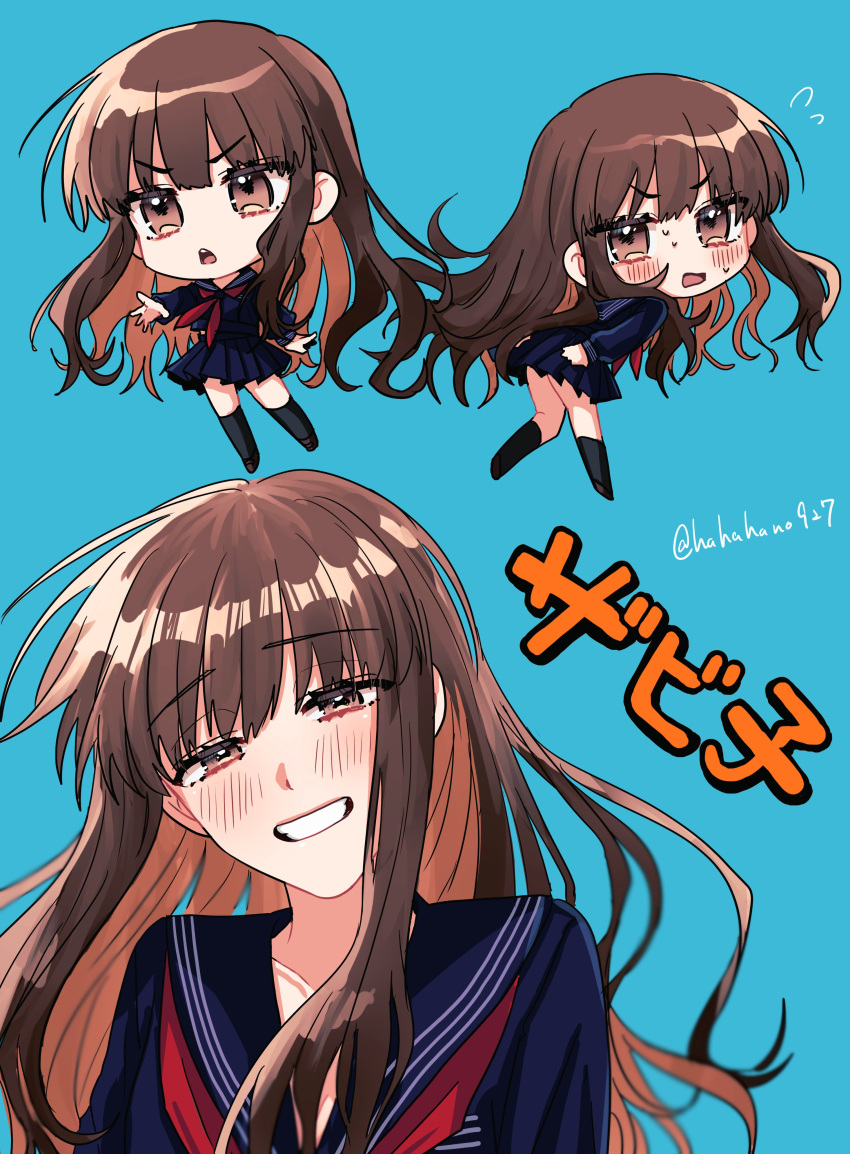 Safebooru - 1girl absurdres blue sailor collar blue shirt blue skirt blush brown eyes brown hair ...