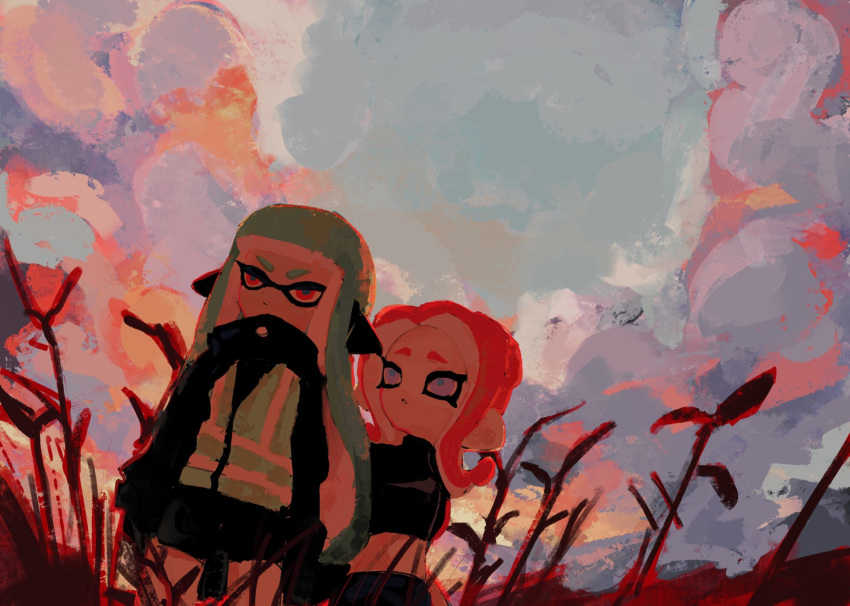 Safebooru - 2girls clouds green hair highres inkling inkling girl ...
