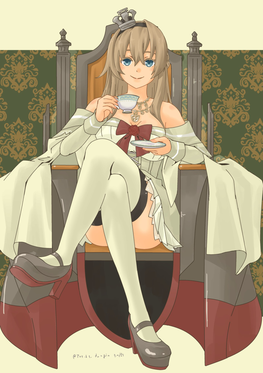 Safebooru - 1girl blonde hair blue eyes convenient leg corset crossed legs crown cup dress ...