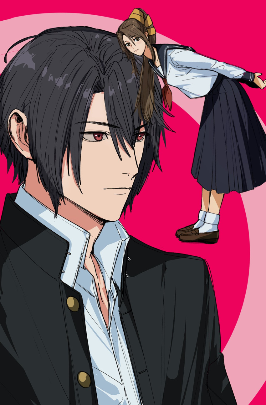 Safebooru - 1boy 1girl amikoiiko bent over black jacket blue sailor collar blue skirt brown ...