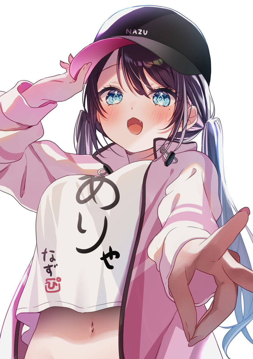 Safebooru - adjusting clothes adjusting headwear baseball cap black hair blue eyes blush breasts ...
