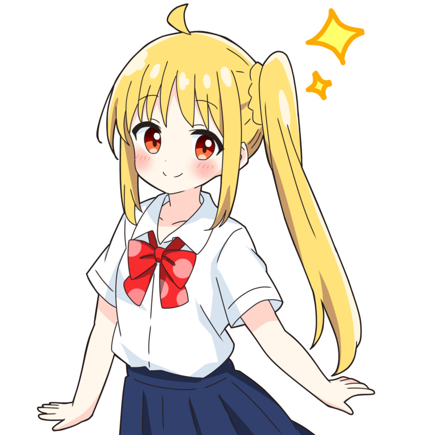 Safebooru - 1girl ahoge blonde hair blue skirt blush bocchi the rock! bow bowtie closed mouth ...