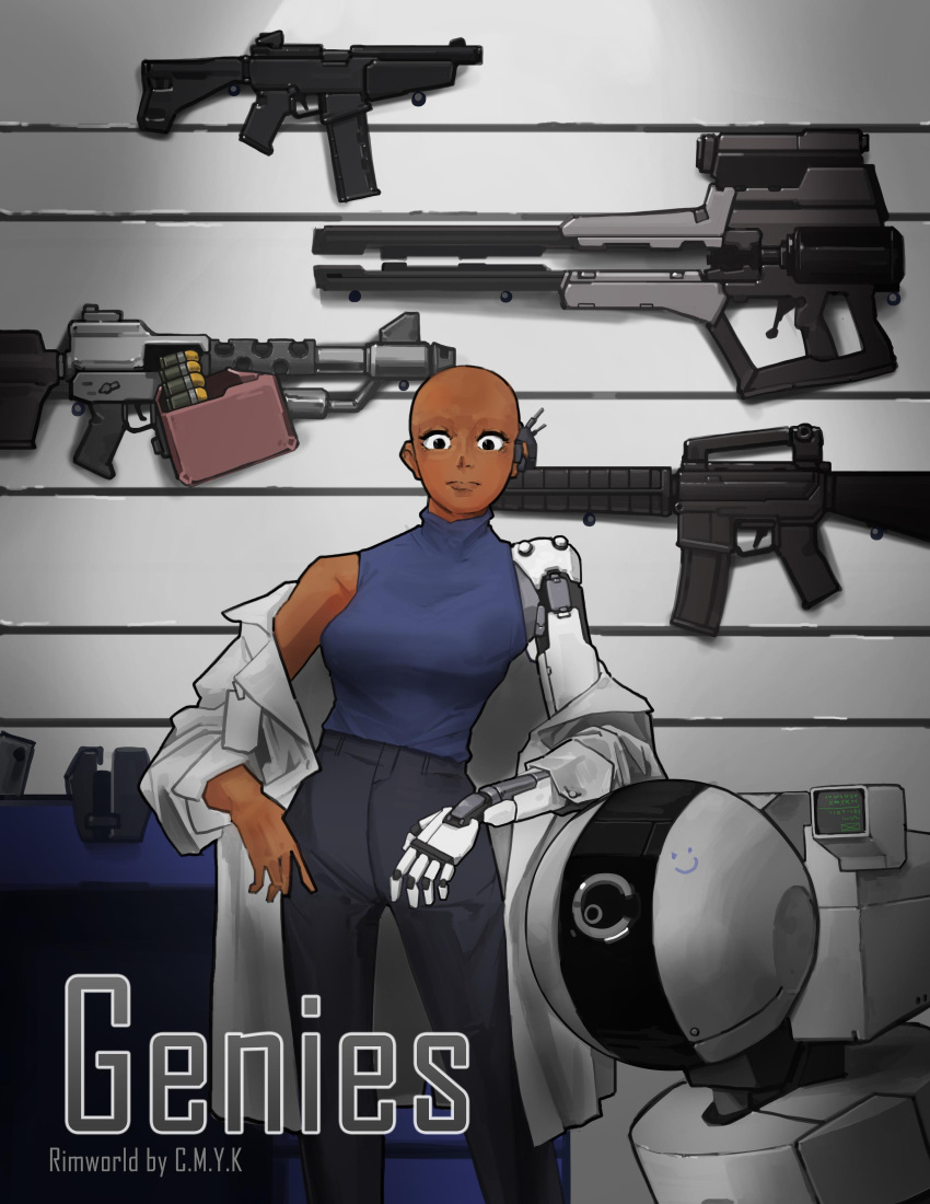 Safebooru - absurdres assault rifle bald cmyk-kim dark skin english ...