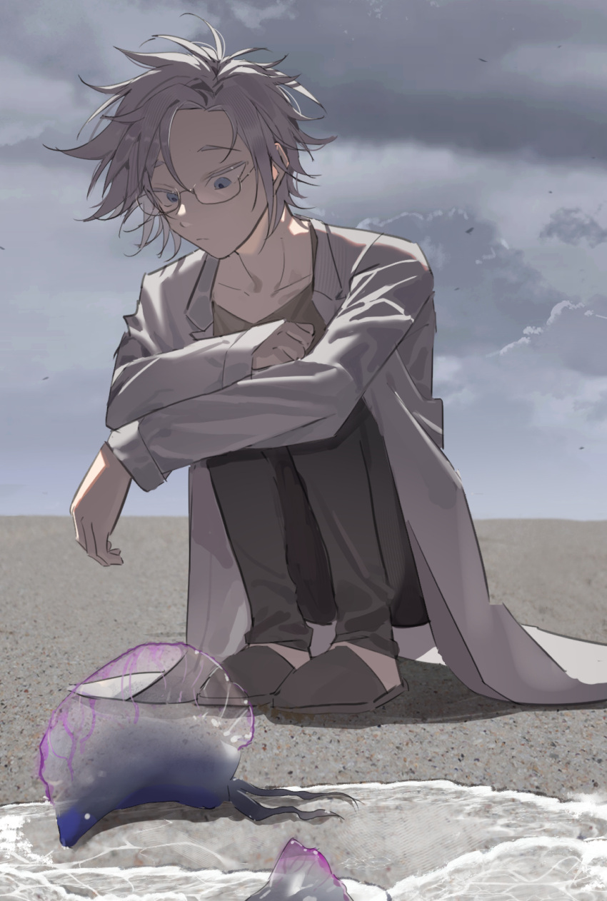 Safebooru - 1boy beach black footwear black pants blue eyes brown shirt chinese commentary ...